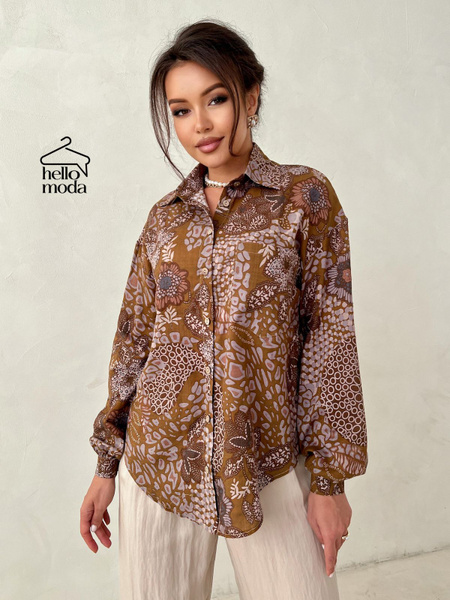 Рубашка Женский HELLO MODA! табачный, болотный Длинный Хлопок Абстракция, Разноцветный, размер ...