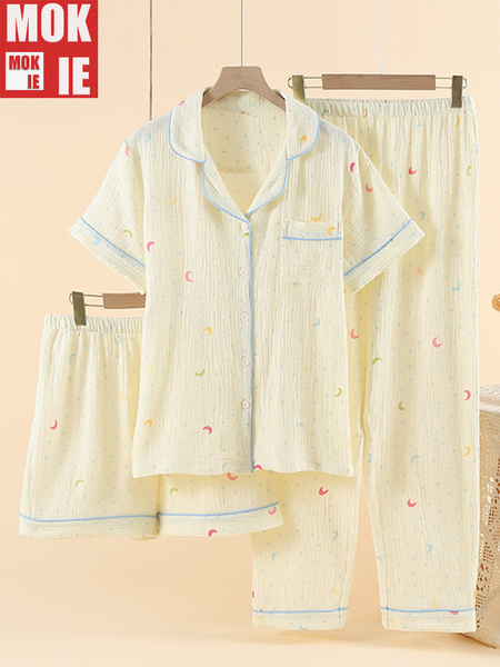 Пижама Женский Mokie с брюками Хлопок, Муслин, размер 48, 50 Звезды бледно-голубой, натуральный ...