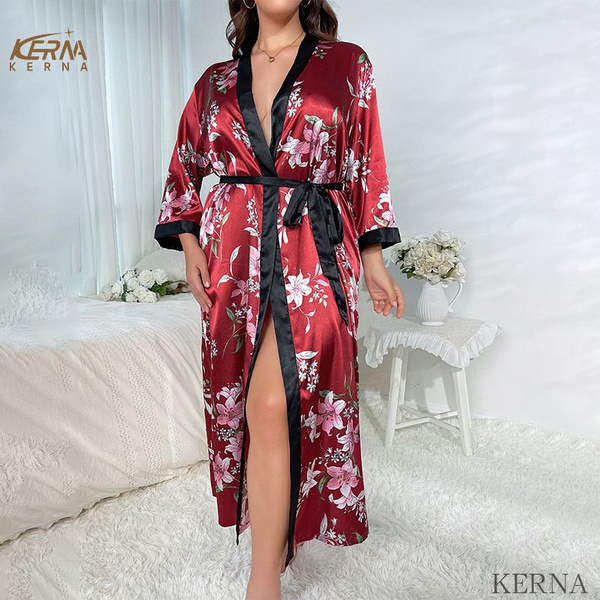 Ночная сорочка Женский KERNA с рубашкой, с юбкой Искусственный шелк, размер 58 Цветочный красный ...