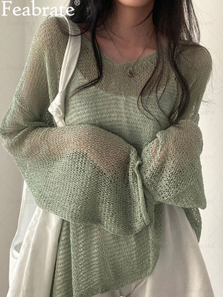 Свитер Женский Feabrate умеренно зеленый Knitted fleece, размер 42, 44 Без застежки Длинный ...