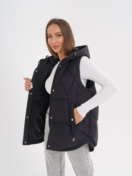 Жилет утепленный Женский KSV&HUV Капюшон, Карманы черный, размер 56, 58 Полиэстер Холлофайбер ...