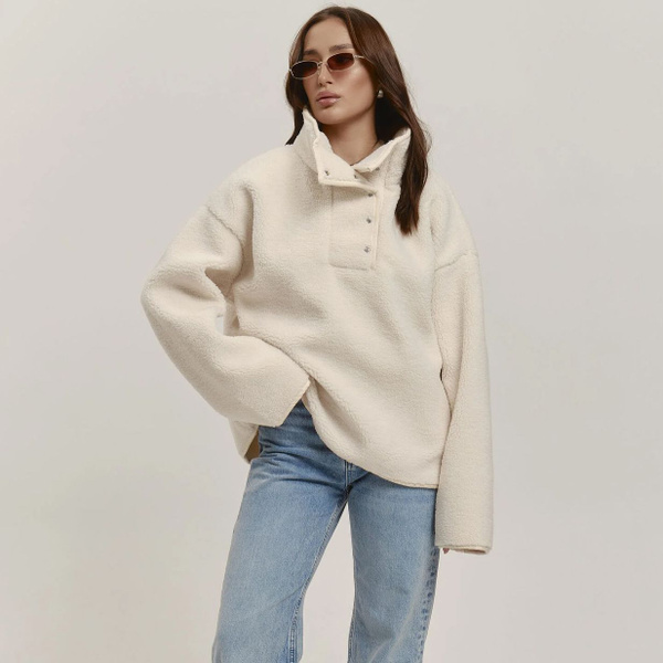 Свитшот Женский Pull&Bear белый Кнопки Полиэстер, размер 46 свободный Длинный Однотонный Испания ...