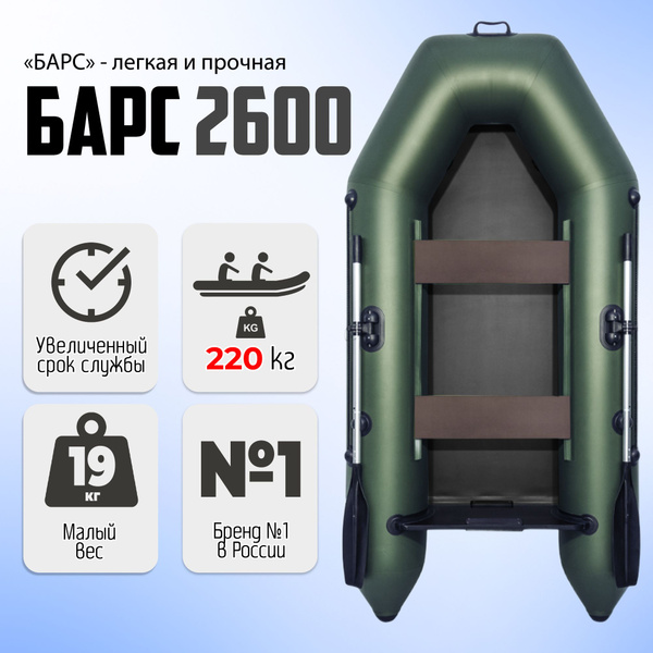 Лодка ПВХ под мотор Барс-2600, 2 отсека, до 220 кг, 2-местная, Сварные ...