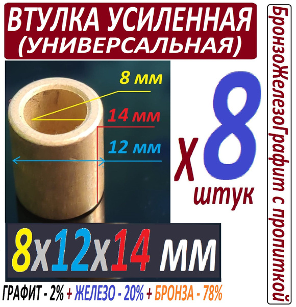 Втулки из бронзографита 8x12x14 мм усиленные железом - 8 штук - купить ...