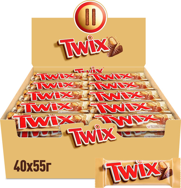 Шоколадный батончик Twix, 40 шт по 55 г / Печенье, шоколад, карамель ...