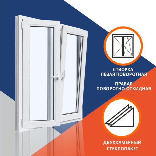 Окно двухкамерное 1500x1550 мм двухстворчатое: левая поворотная, правая ...