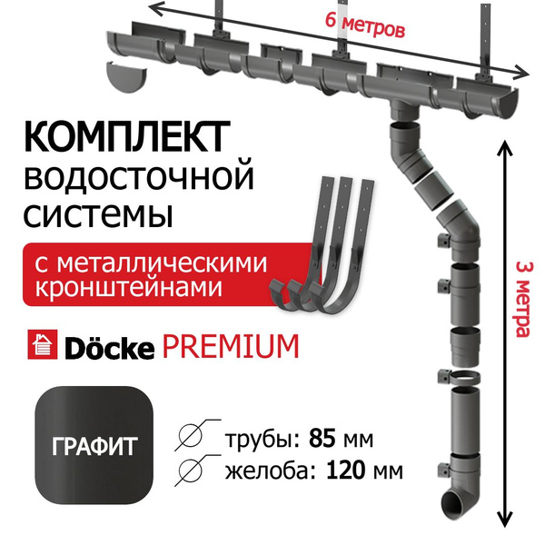 Водосточная система для крыши, Docke, 6м/3м, серия Premium, цвет графит ...