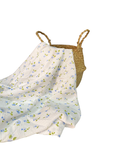 Муслин жатый двухслойный хлопковый, отрез 1 метр, принт цветочек ...