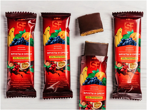 Батончик без злаков ФРУКТЫ И ОРЕХИ 20% протеина в горьком шоколаде ...