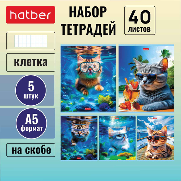Набор тетрадей Hatber 40 листов, формата А5, в клетку, на скобе, 65 г/кв. м, 5 штук/5 дизайнов ...