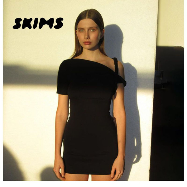 Платье Женский SKIMS черный с открытыми плечами Короткий Хлопок Корсет, размер 44 Без застежки ...