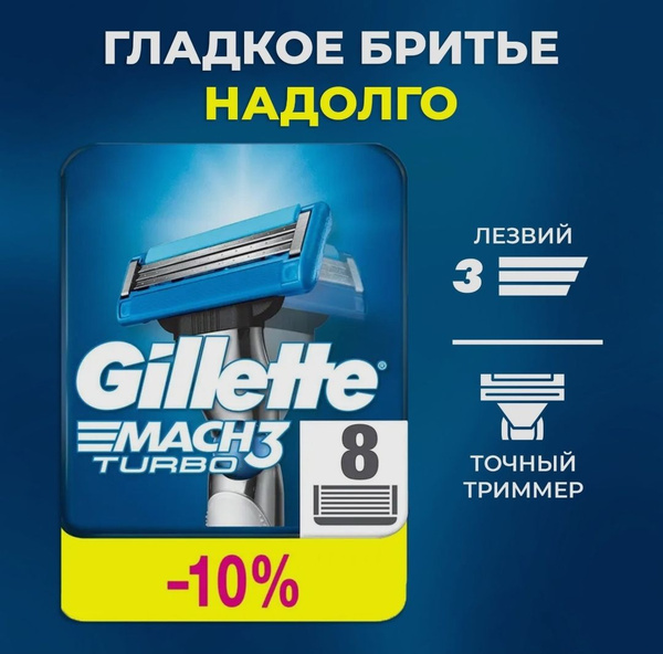 Сменные кассеты Gillette Mach3 Turbo с 3 лезвиями для бритья, 8 шт ...