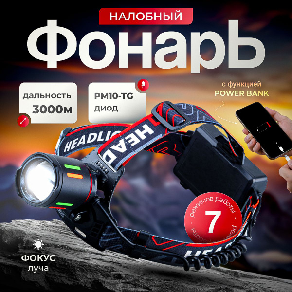 Фонарь налобный аккумуляторный / фонарик налобный светодиодный с зумом ...
