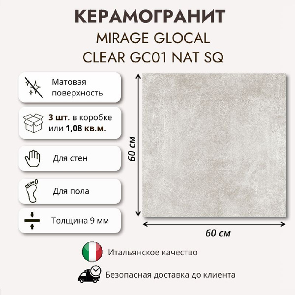 Керамогранит MIRAGE GLOCAL Clear GC01 NAT SQ 60x60 см, 1,08 кв.м (3 шт ...