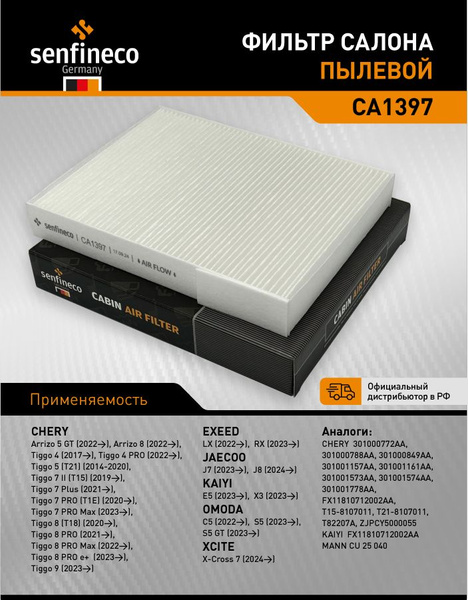 Фильтр салона Senfineco CA1397 OEM: T158107011, CHERY Tiggo 4, 5, 7, 8 ...