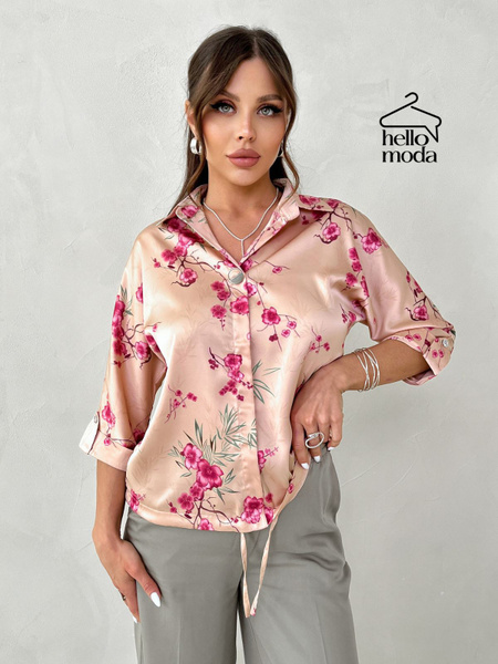 Блузка Женский HELLO MODA! малиновый, бежевый Полиэстер Три четверти Цветочный, размер 44 Шнурок ...