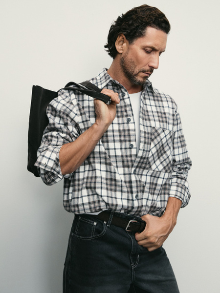 Рубашка Мужской Zarina бежевый Длинный Хлопок Карманы Клетка, размер 46 прямой Пуговицы Китай ...