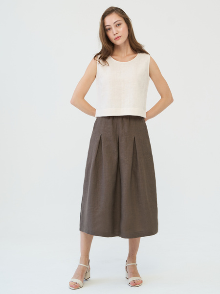 Юбка Женский TRANGO темно-бежевый Лён в складку, размер 48 Резинка Миди Карманы Однотонный Лето ...
