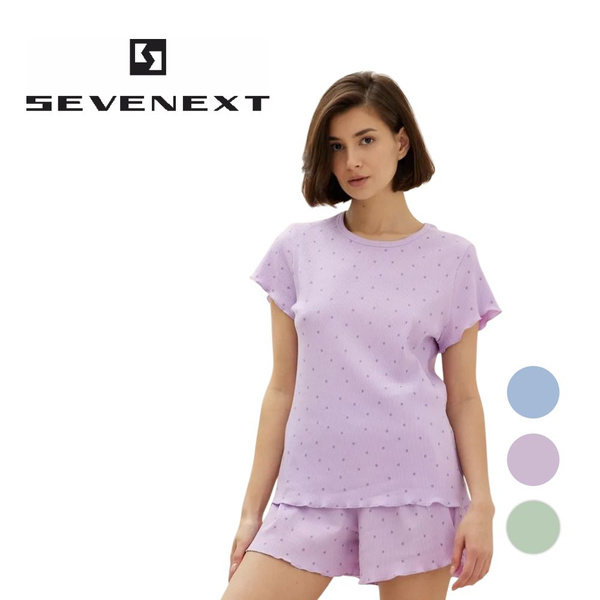 Пижама Женский Sevenext с футболкой, с шортами Хлопок, Эластан, размер 44 Горох светло-сиреневый ...