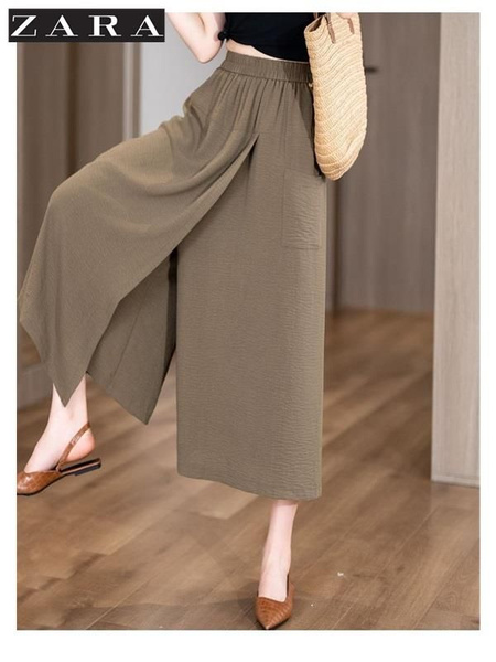 Брюки Женский Zara классические, кюлоты хаки Полиэстер Повседневный, размер 46 Эластичная ...