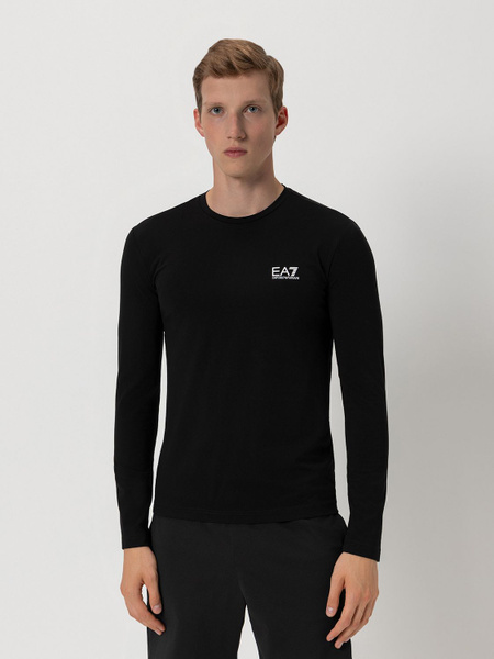 Лонгслив Мужской EA7 черный, размер 56, 58 Хлопок, Эластан Логотип Повседневный Без застежки ...