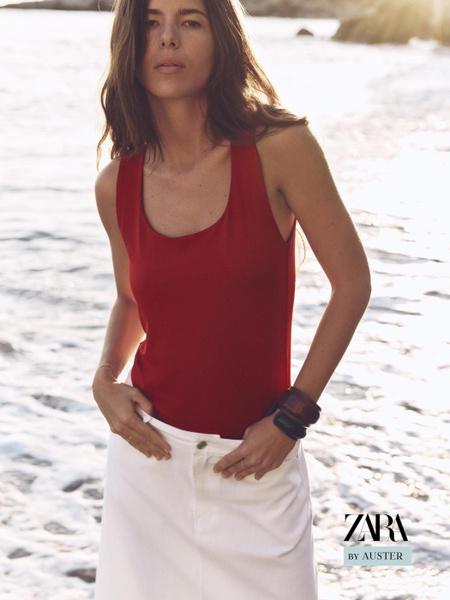 Топ Женский Zara красный, размер 48 Полиамид, Эластан Без рукавов ...