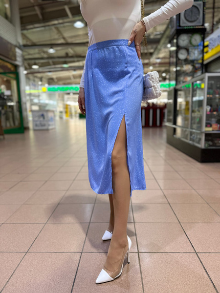 Юбка Женский BLACK KOSMOS голубой Вискоза, Полиэстер прямая, размер 50 Молния Миди Разрезы Горох ...