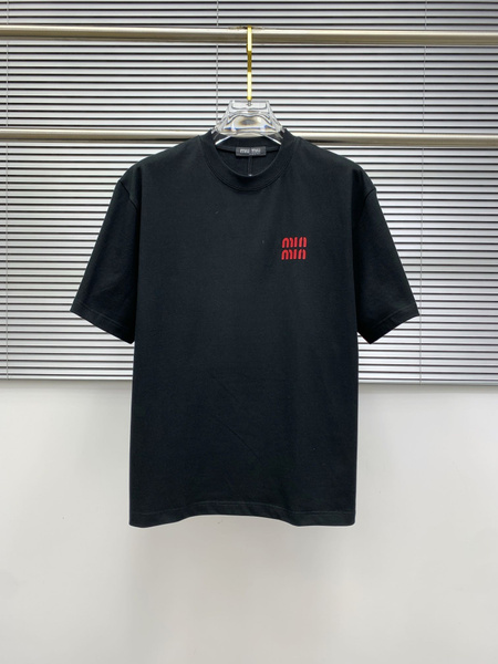 Футболка Мужской Женский Miu Miu черный Короткий размер 42 Хлопок Надписи Логотип облегающий