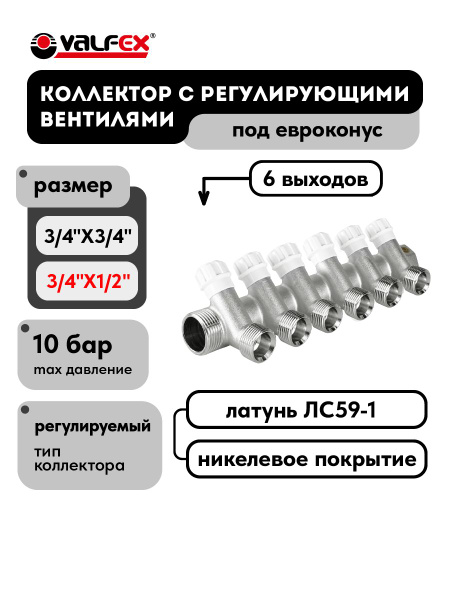 Коллектор с регулирующими вентилями под евроконус 1"x3/4" VALFEX VF.560.NE.0606 купить на OZON ...