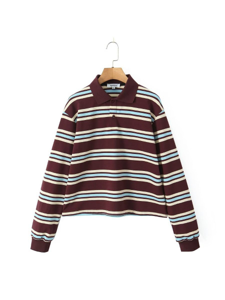 Футболка Женский Pull&Bear темно-красный Короткий, размер 46 Хлопок, Политекс Полоска облегающий ...