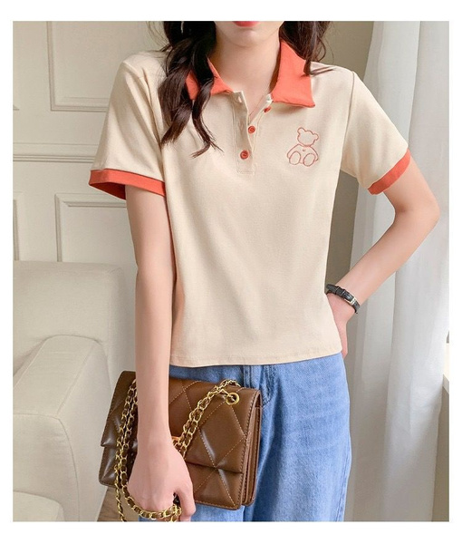 Поло Женский Miu Miu бежевый Короткий размер 52 Хлопок Орнамент облегающий Повседневный Китай