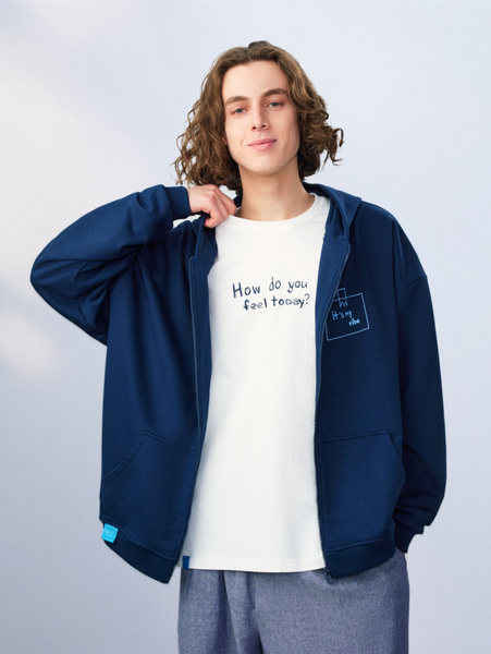 Худи Мужской, Женский VK Капюшон, Молния синий, темно-синий Молния Футер трехнитка, Хлопок ...