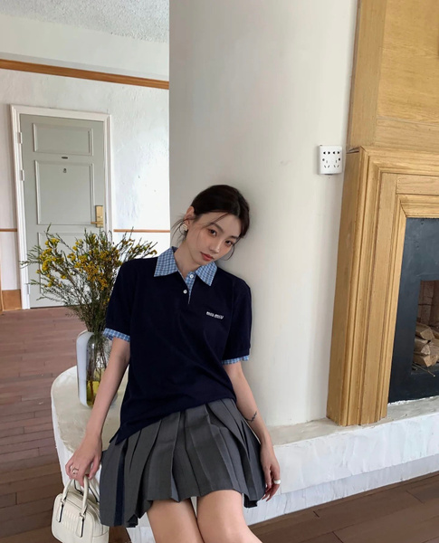 Поло Мужской Женский Miu Miu темно синий Короткий размер 46 Хлопок Полоска Логотип облегающий