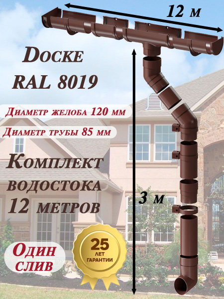 Водосточная система Docke Premium 12 м по 1 метру (один слив) 120мм/85мм RAL 8019 (коричневый ...