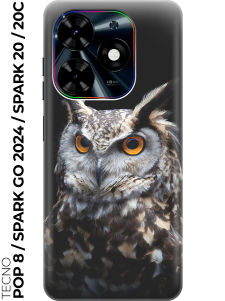 Силиконовый чехол на Tecno Pop 8 Spark Go 2024 Spark 20 20c с рисунком Сова на темном