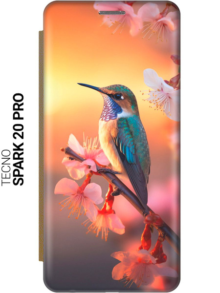 Чехол книжка на Tecno Spark 20 Pro Техно Спарк 20 Про с рисунком Птичка и закат золотой
