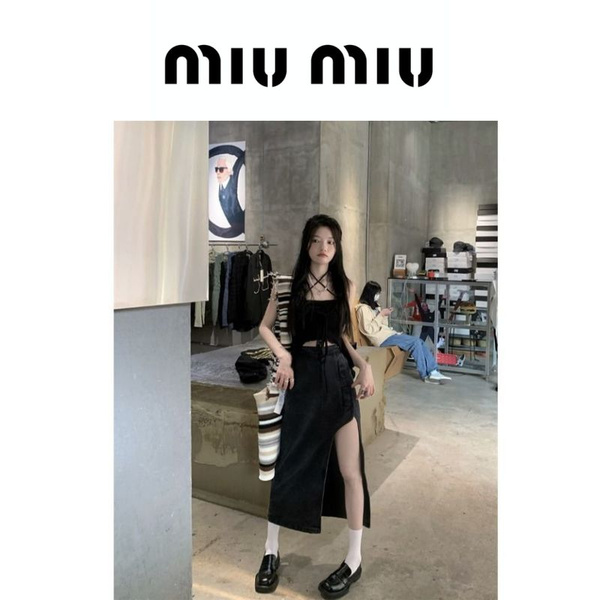 Юбка Женский Miu Miu серо черный Деним размер 46 48 Молния Логотип Лето купить C доставкой на