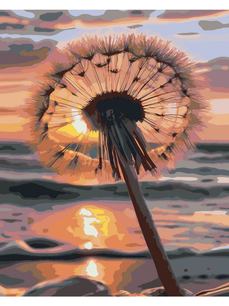 Картина по номерам одуванчик на закате у моря на холсте с деревянным ...