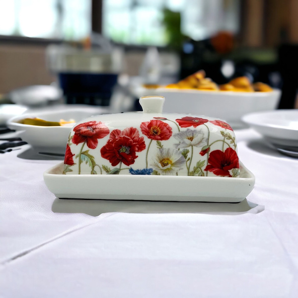 Масленка для сливочного масла с крышкой фарфоровая "Маки", 6,5 см ...