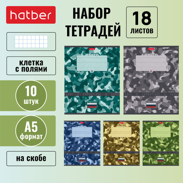 Набор тетрадей Hatber 18 листов, формата А5, в клетку, 65 г/кв. м, на скобе, 10 штук/5 дизайнов ...