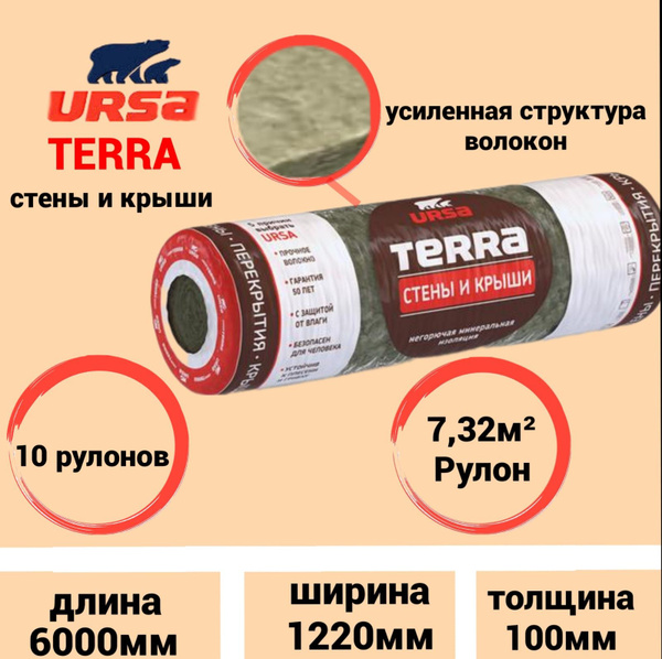 Утеплитель в рулоне 73,2м2 минеральная вата 100мм URSA TERRA Стены и ...