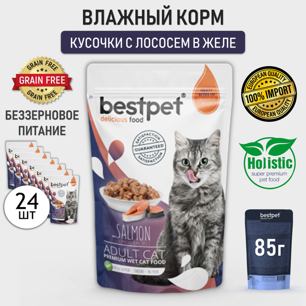 Влажный беззерновой корм для кошек BESTPET кусочки в желе с Лососем ...