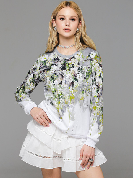 Джемпер Женский SAHAR art lab серый, белый Интерлок, размер 48 Без застежки Манжеты свободный ...