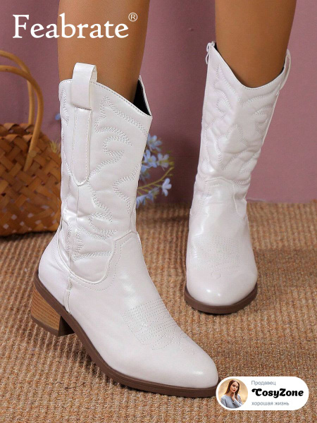 Казаки Женский Feabrate, размер 36 белый Демисезон Толстый каблук Молния купить c доставкой на ...