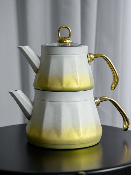 Двойной чайник бело-золотой с металлической ручкой 1,1 л/ 2,1 л ...