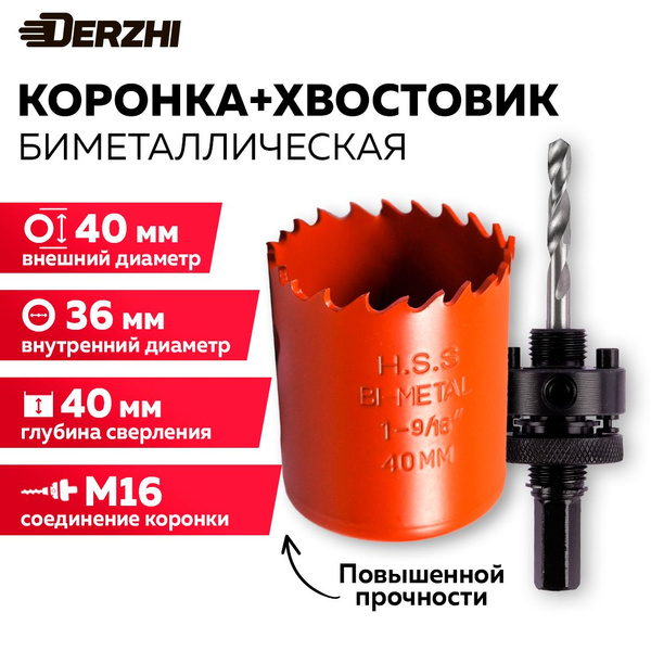 Характеристики Коронка биметаллическая по металлу, дереву, пластику, 40 ...