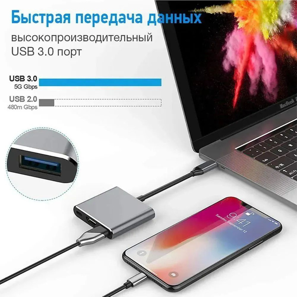 Универсальный адаптер переходник HUB USB 3.0 - HDMI - Type C, USB Type C, Мощность зарядки до ...