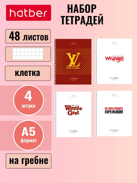 Набор тетрадей Hatber 48 листов, формата А5, в клетку, на гребне, 65 г/кв. м, 4 штуки/4 дизайна ...