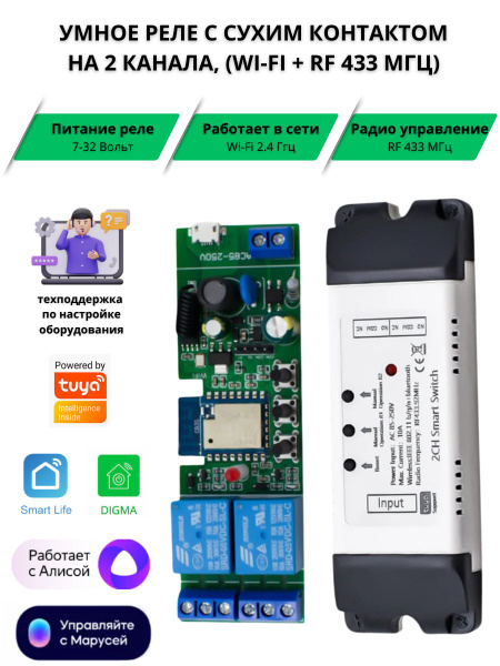 Умное реле с сухим контактом на 2 канала 12В, (Wi-Fi Tuya + RF 433 МГц) купить на OZON по низкой ...