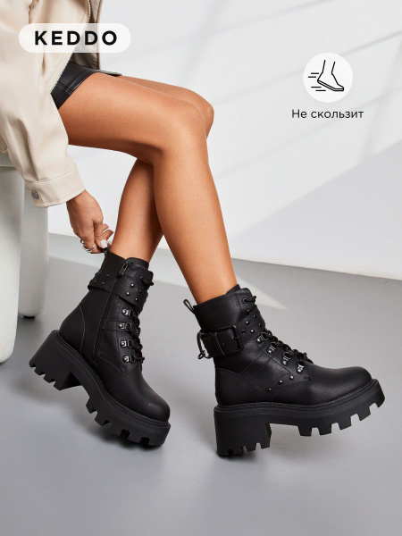 Ботинки Женский Keddo Искусственная кожа черный, размер 40 Демисезон 6 Шнурки, Молния Каблук ...
